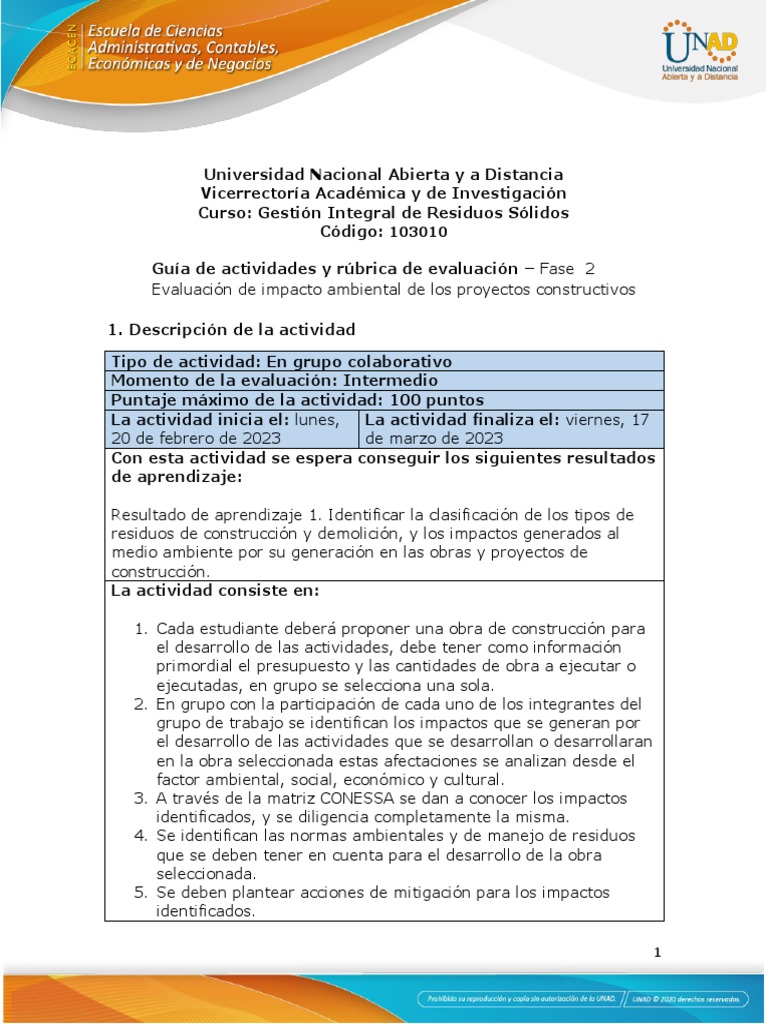 Guia de Actividades y Rúbrica de Evaluación - Unidad 1 - Fase 2 - Evaluación de Impactos PDF ...