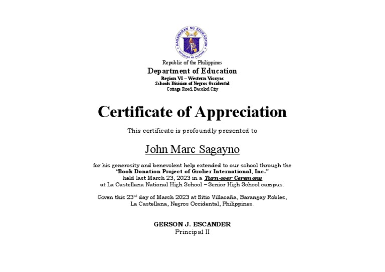 Certificate of Appreciation for Donation | PDF