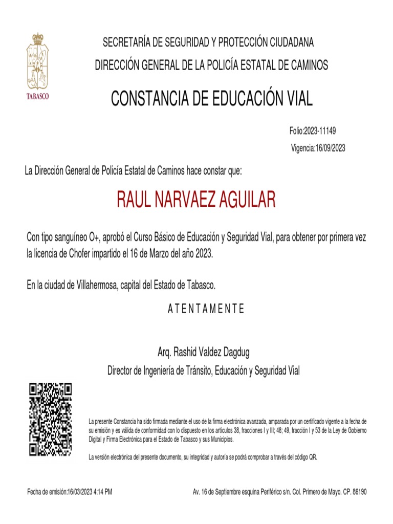 Constancia Educacion Vial 18884 | PDF