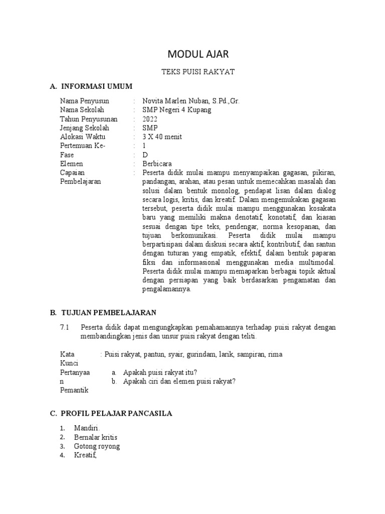 Modul Ajar Puisi Rakyat 1 | PDF