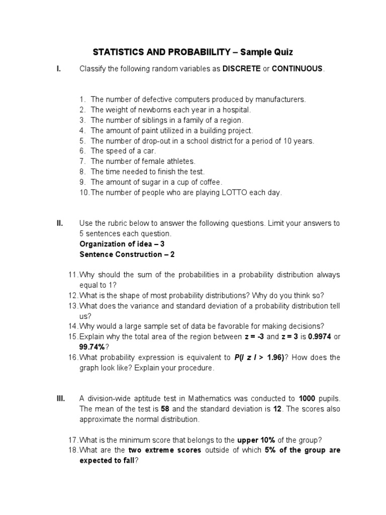 STATISTICS AND PROBABILITY-sample Quiz | PDF