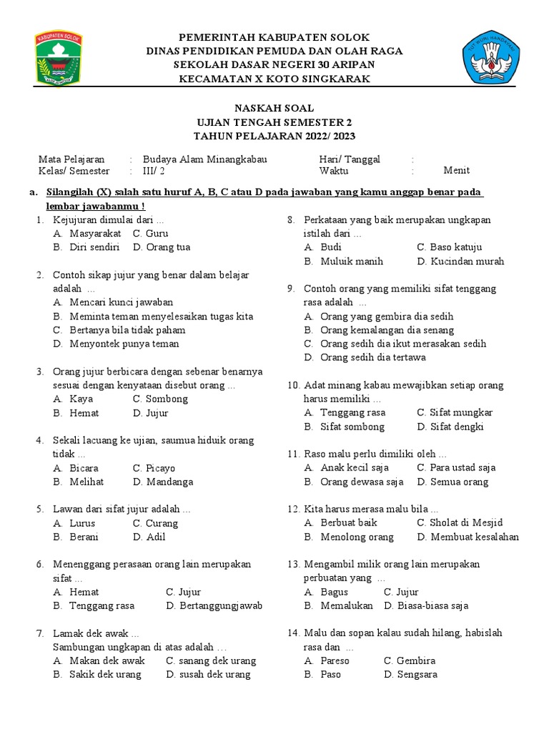 SOAL Kls 3 SDN 30 ARIPAN | PDF