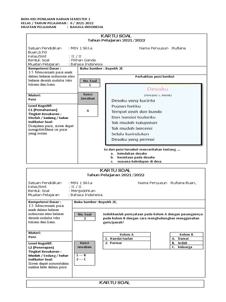 Kisi-Kisi BHS Indo Kelas 2 | PDF | Seni & Disiplin Bahasa