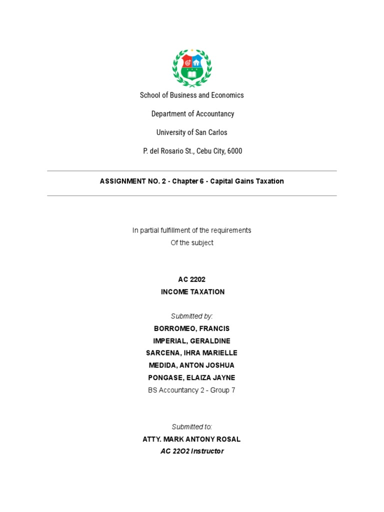 ASSIGNMENT NO. 2 - Chapter 6 - Capital Gains Taxation | PDF | Taxes | Market (Economics)
