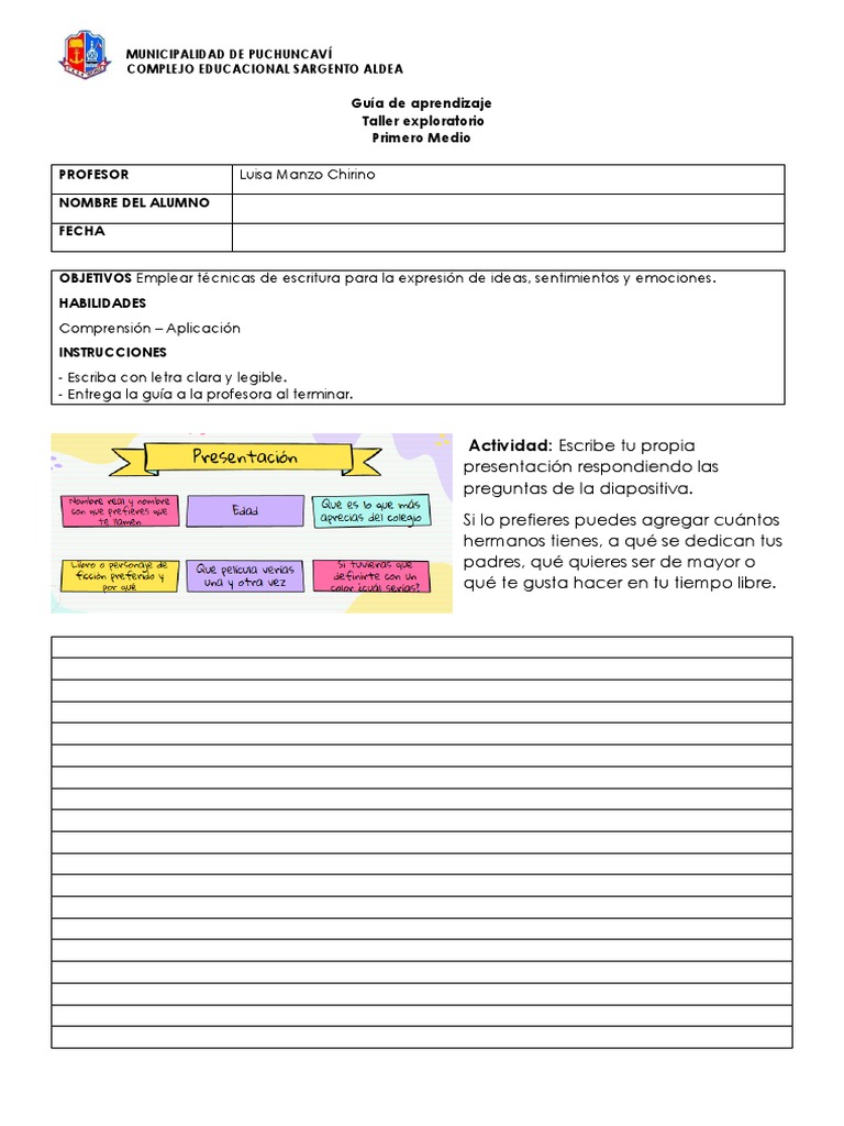 Guía de Aprendizaje Escritura 1 | PDF