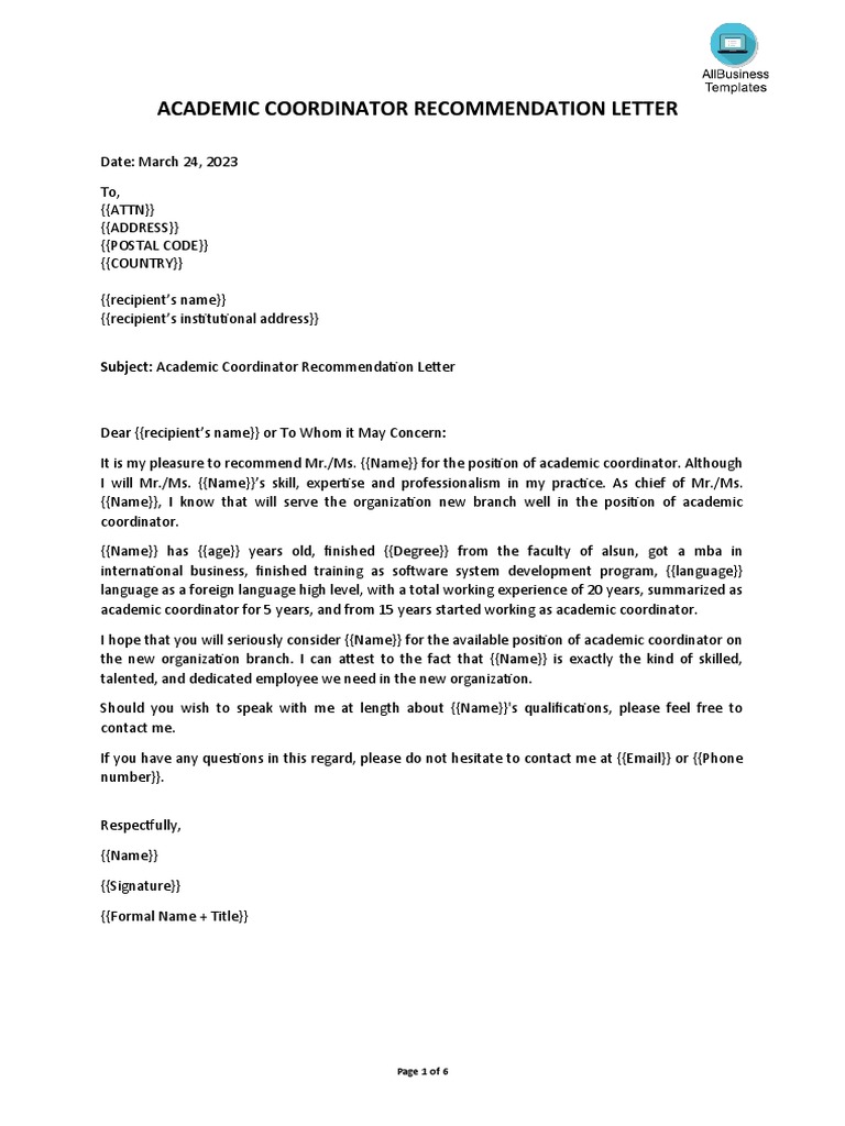 Academic Coordinator Recommendation Letter | PDF | Cognition | Cognitive Science