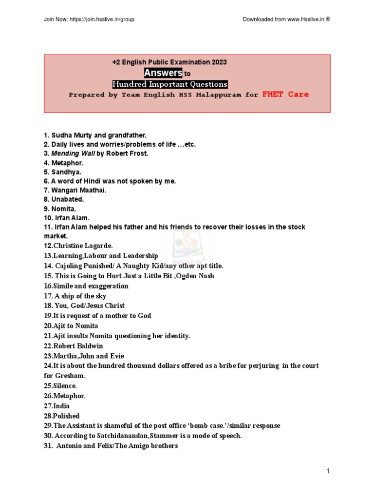 Hsslive Xii English Hundred Imp Questions Answers 2023 PDF | PDF