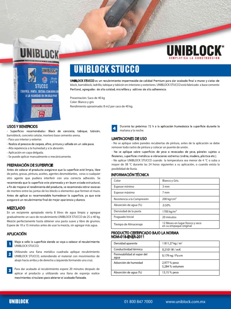 Ficha Técnica Estuco Uniblock 40 kg | PDF | Pintar | Agua