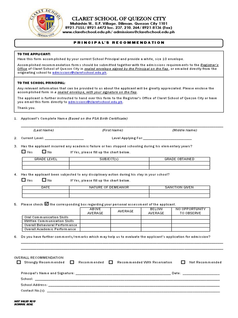 Principal's Recommendation Form for Admission | PDF