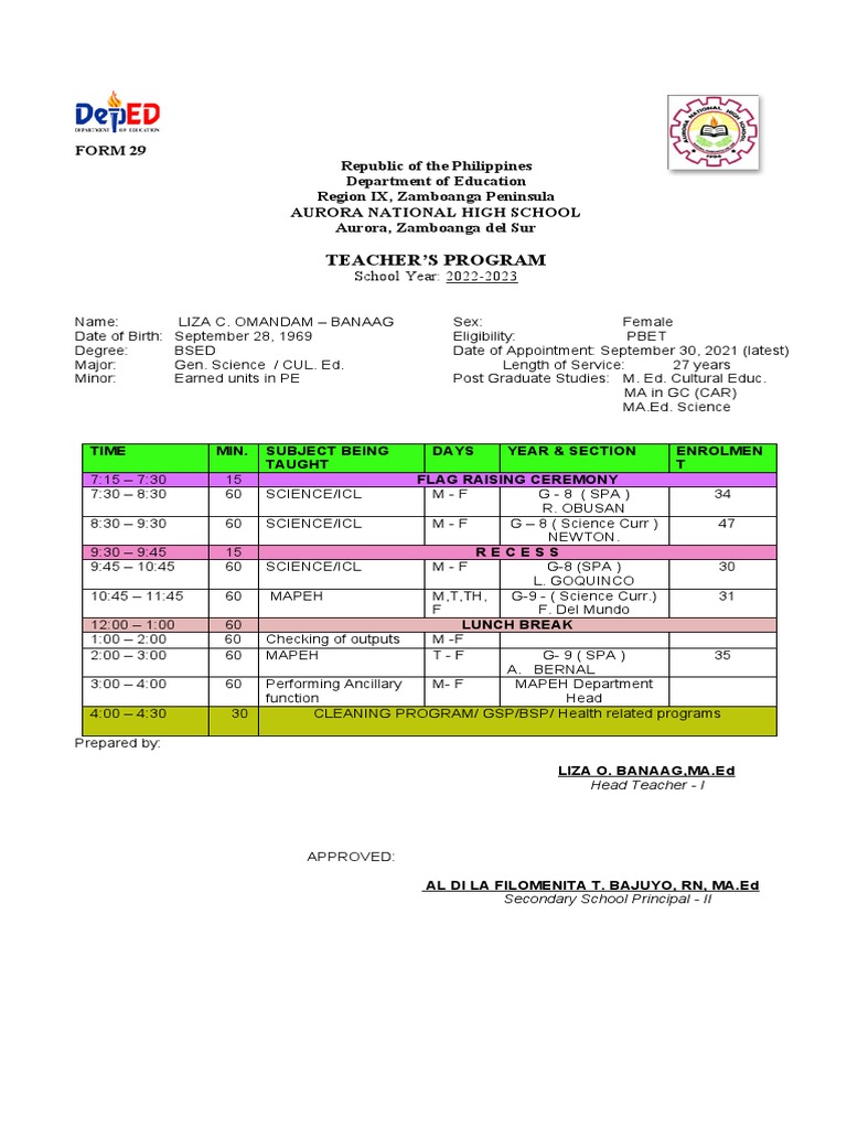Teacher's Program Schedule 2022-2023 | PDF