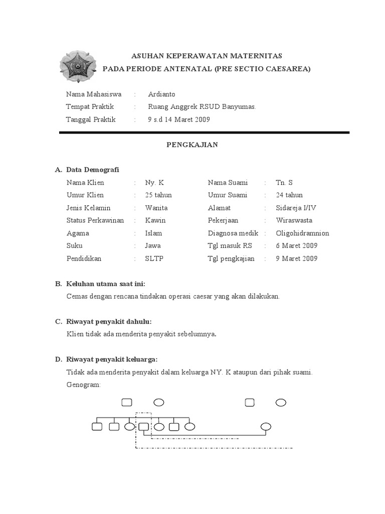 Pengkajian Pre Op SC - Oligohidramnion | PDF
