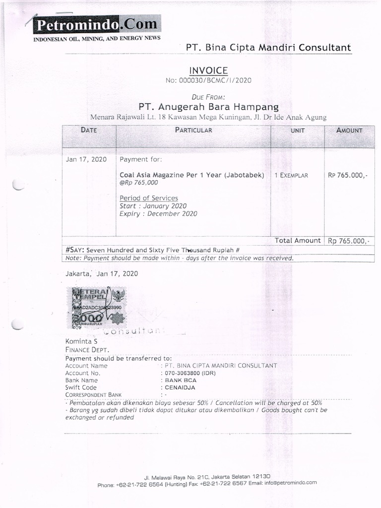 30 Invoice Pt. Anugerah Bara Hampang06052020 - 0000 | PDF