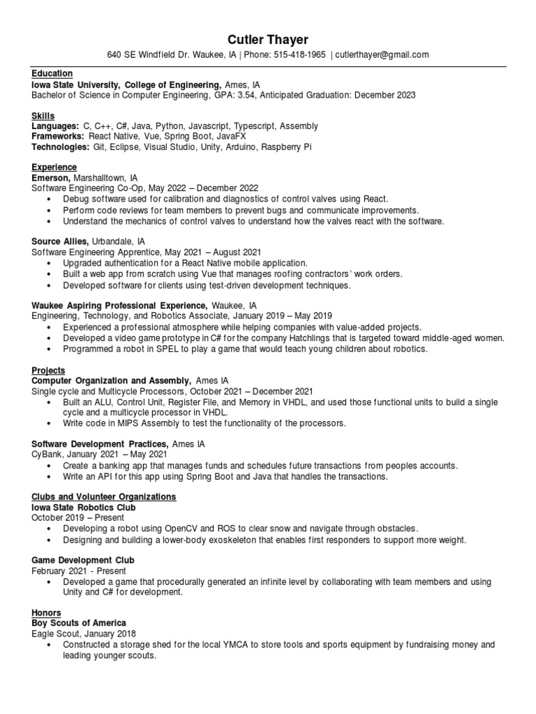 Cutler Thayer Resume | PDF | Web Application | Spring Framework