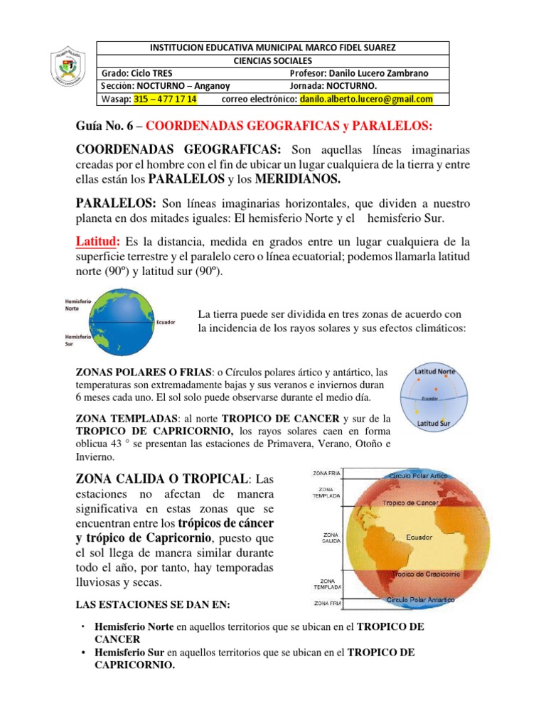 Guia 6 Coordenadas Geograficas y Paralelos Ciclo 3 Sociales Danilo PDF ...