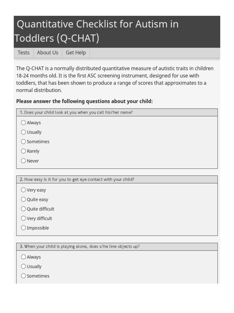 Quantitative Checklist For Autism in Toddlers (Q-CHAT) PDF | PDF ...