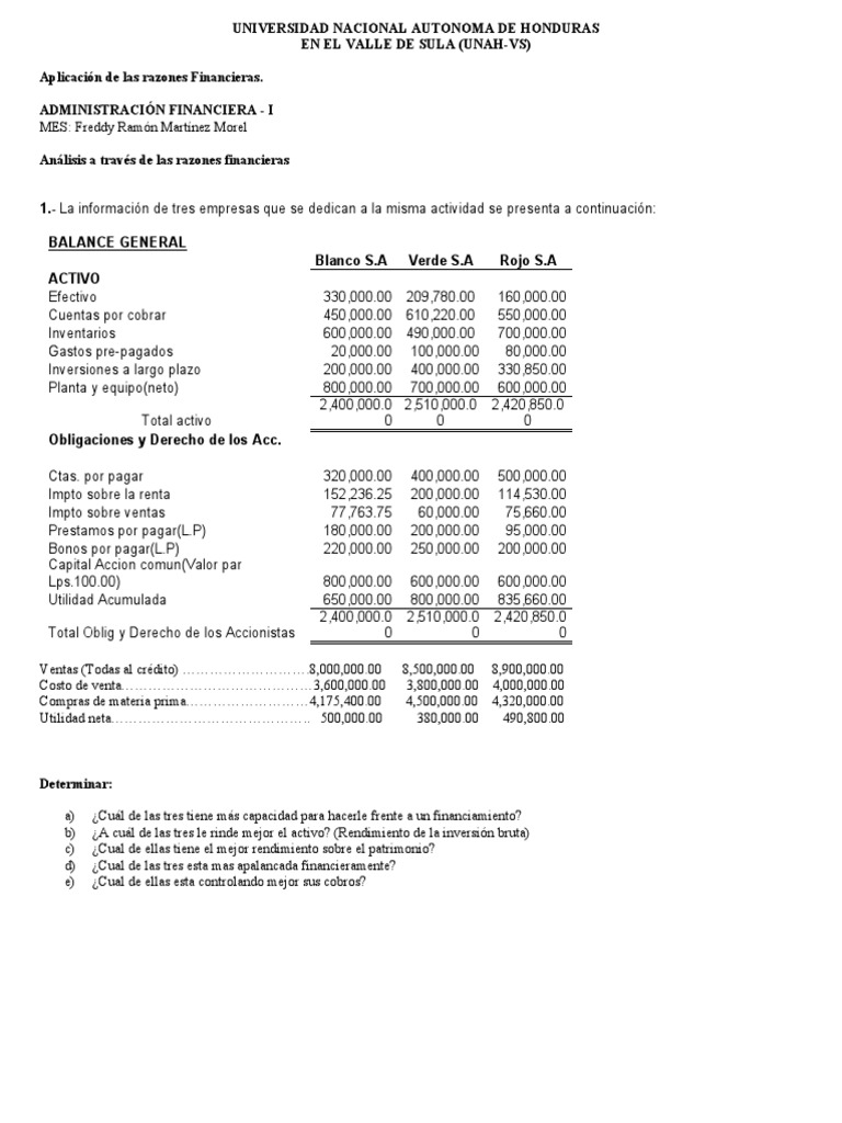 Guia de Ejercicios Razones Financieras | PDF | Contabilidad | Compartir (Finanzas)