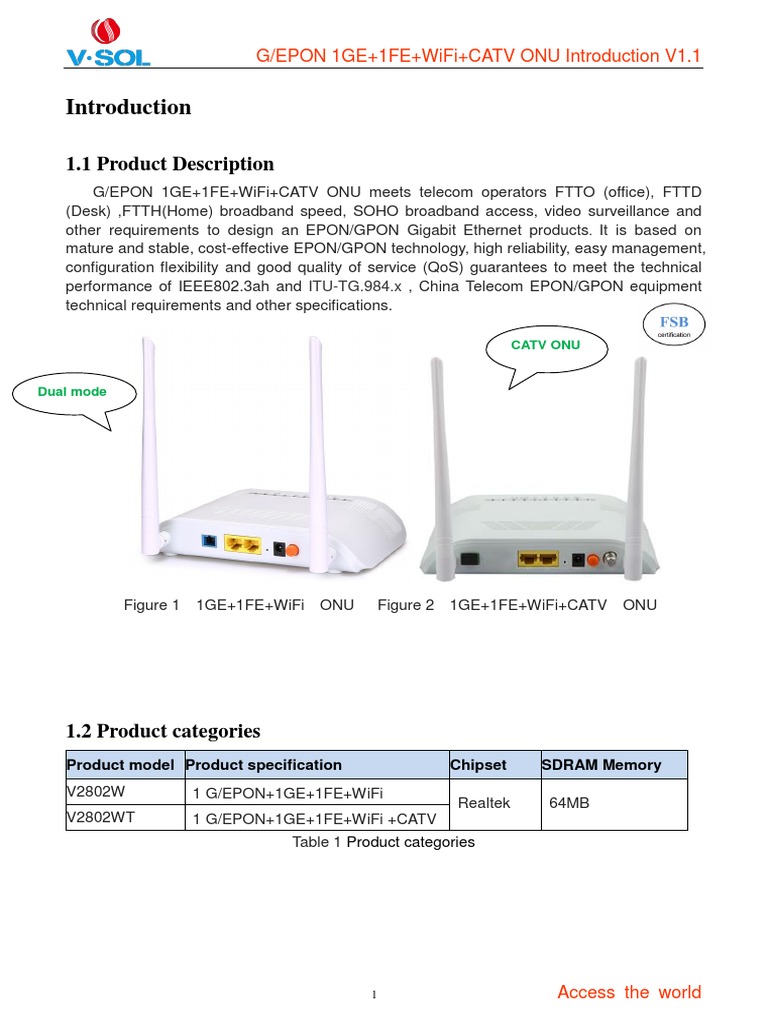 G&EPON 1GE+1FE+WiFi+CATV ONU (V2802W&V2802WT) Introduction - V1.1 | PDF | Wi Fi | Communications ...