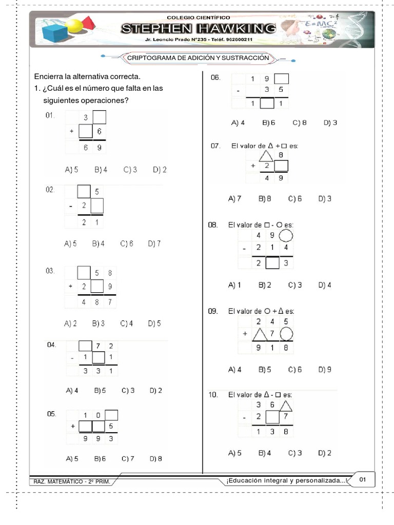 Criptograma de Suma y Resta PDF | PDF