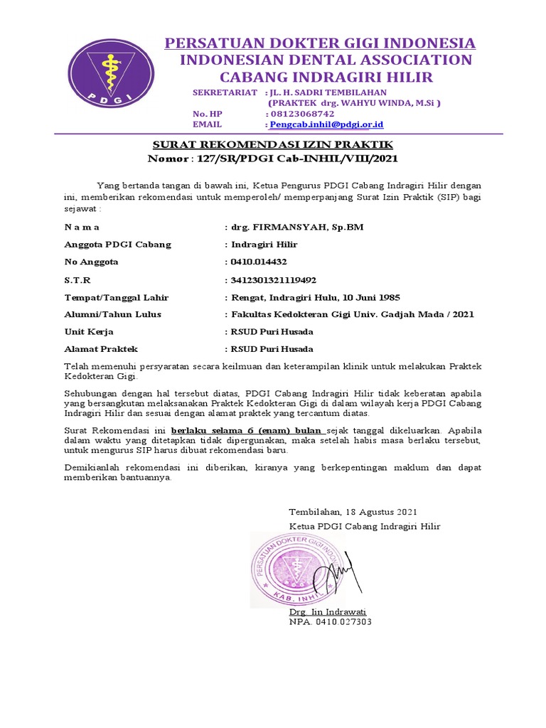 REKOMENDASI IZIN PRAKTIK DRG. FIRMANSYAH | PDF
