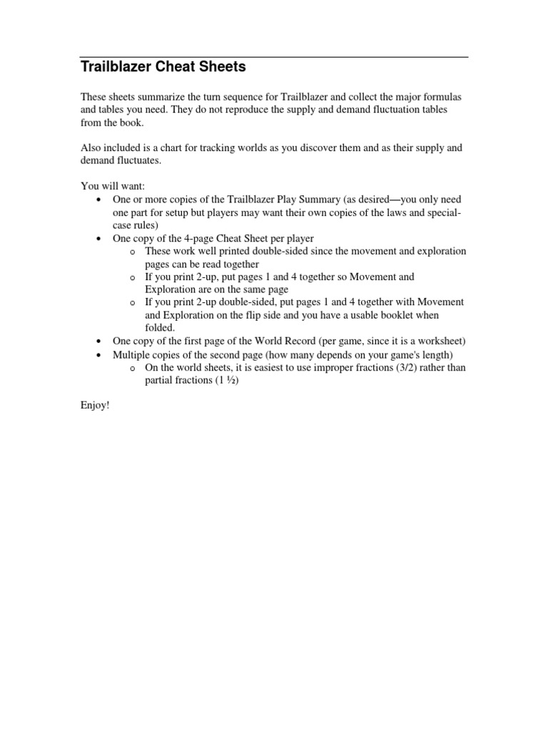 Trailblazer Game Cheat Sheets | PDF | Games & Activities