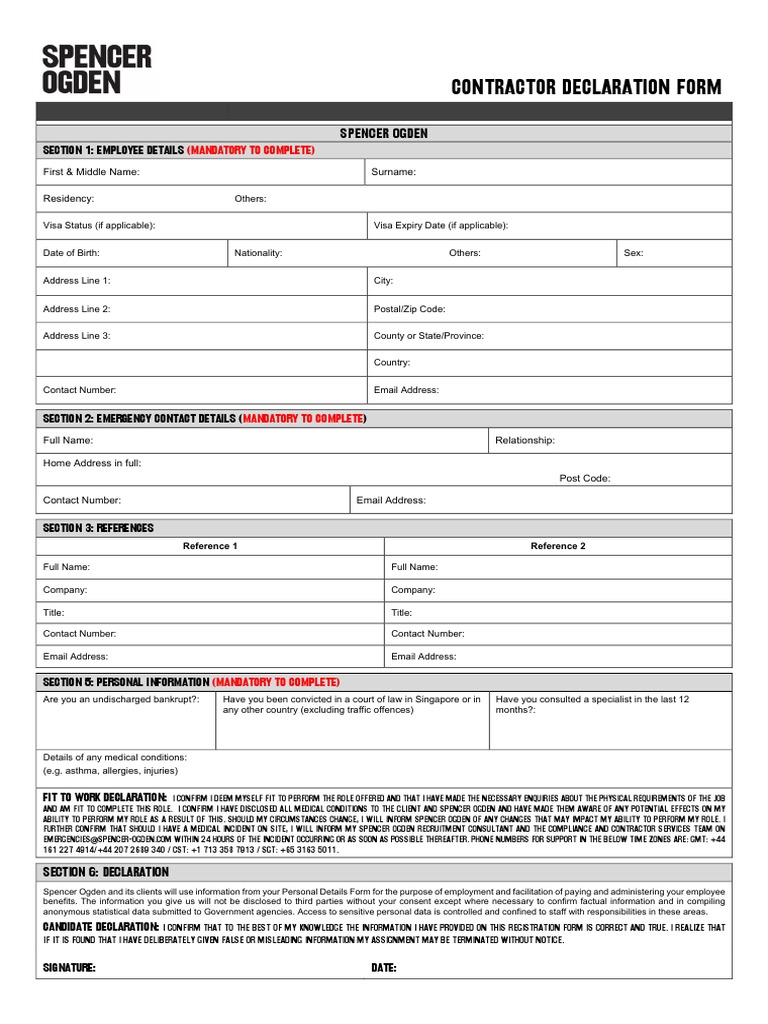 APAC - Contractor Declaration Form (AU, MY, SG) PDF | PDF | Employment ...