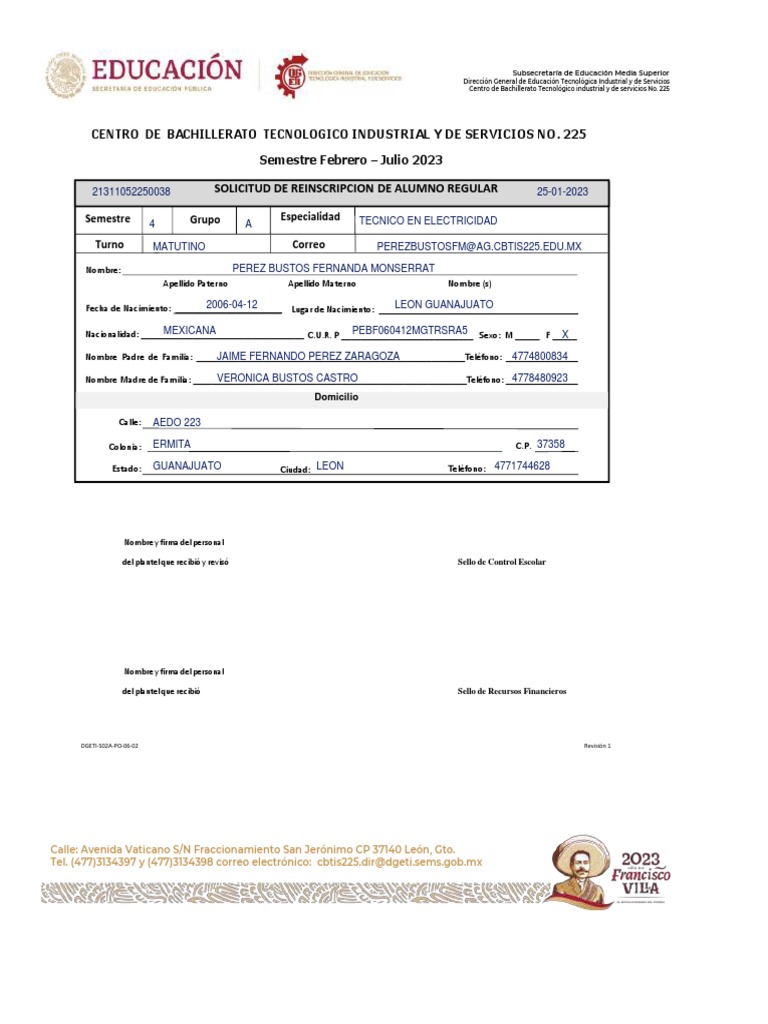 Solicitud de Reinscripción CBTIS 225 | PDF