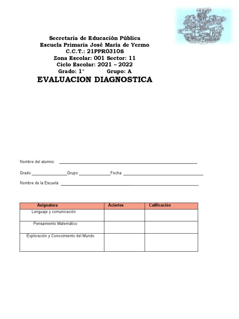 Evaluación Diagnóstica Primer Grado | PDF