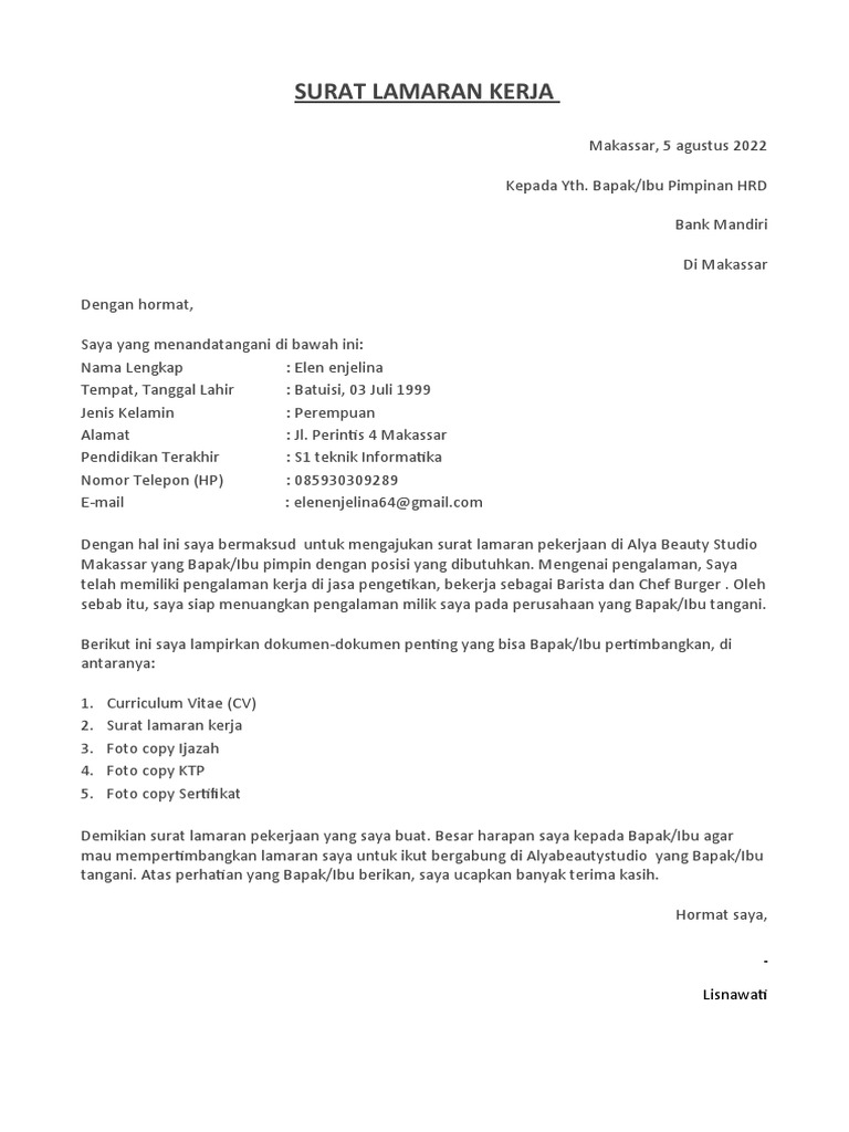 Contoh Surat Lamaran Kerja Makassar | PDF