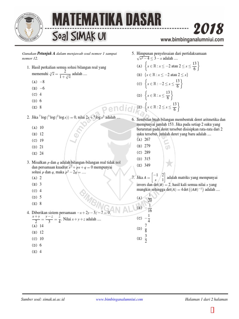 Matematika Dasar SIMAK UI 2018 - Bimbingan Alumni UI-1 | PDF