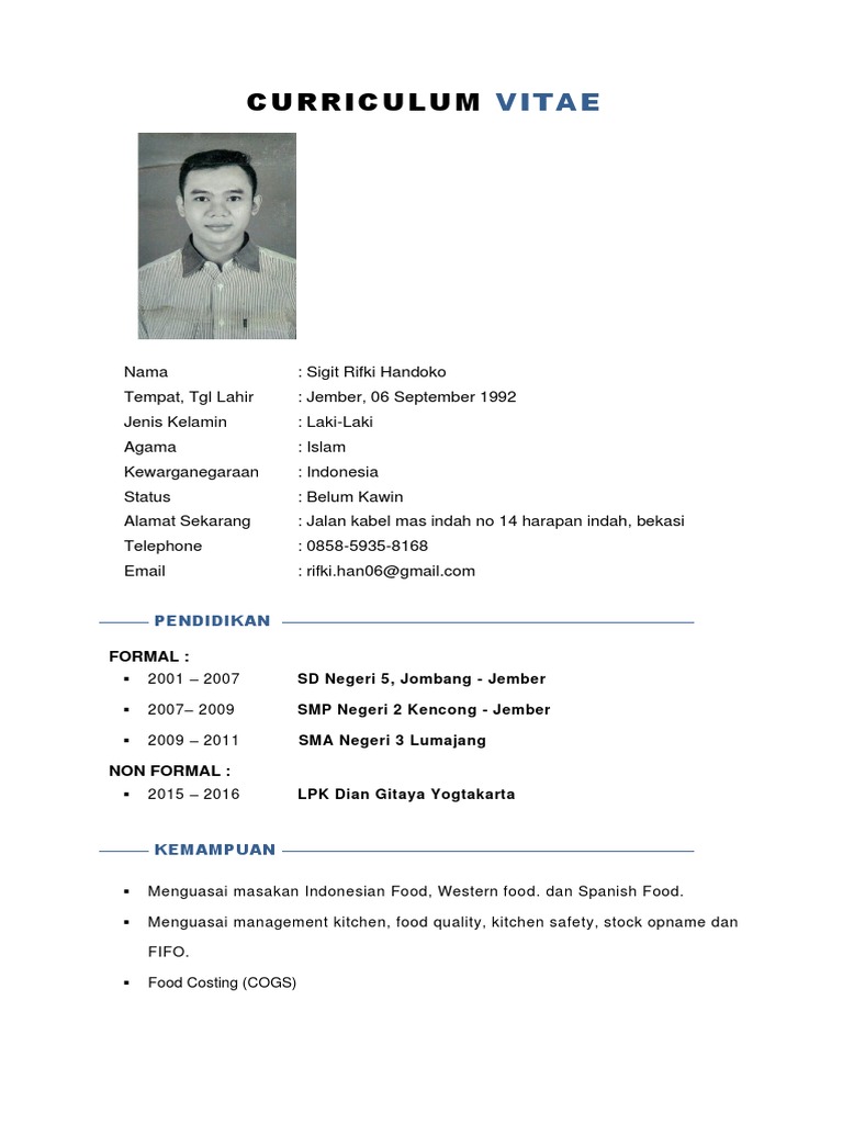CV Sigit Rifki Handoko - Koki Berpengalaman | PDF