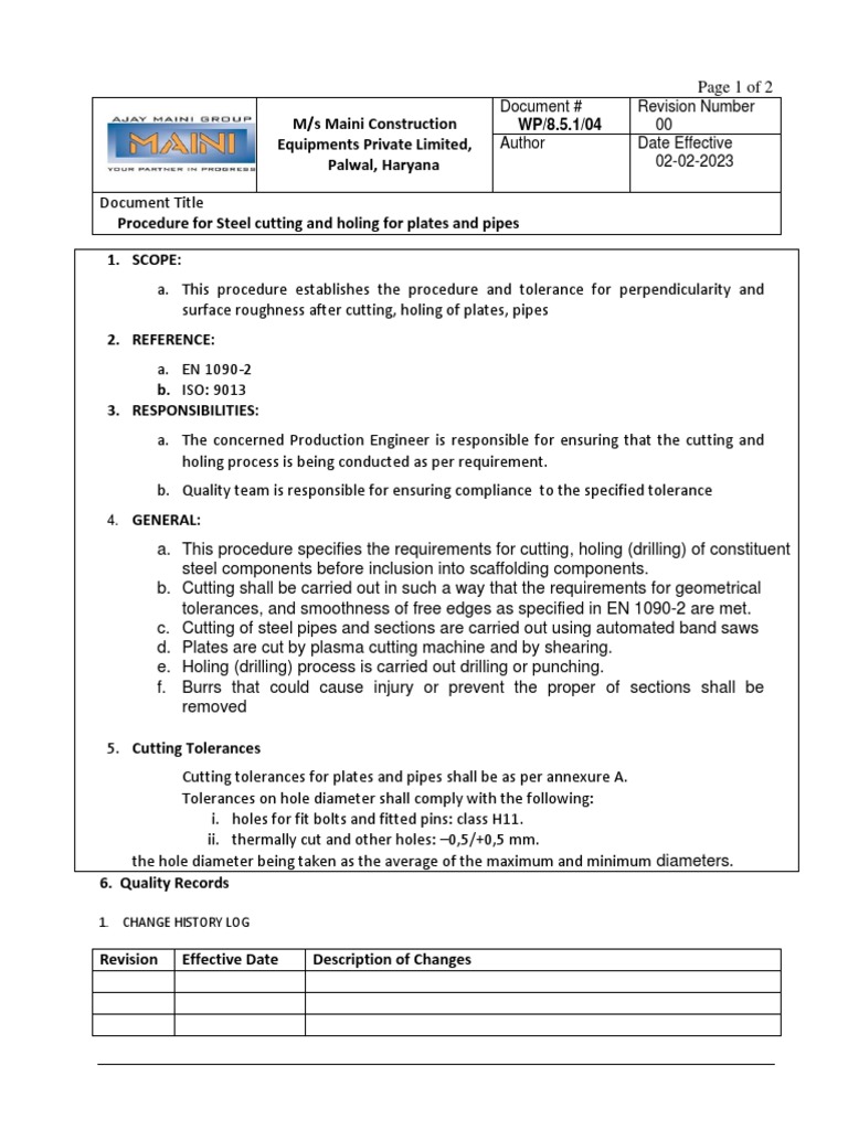 Steel Cutting and Holing Procedure | PDF | Engineering Tolerance | Drilling