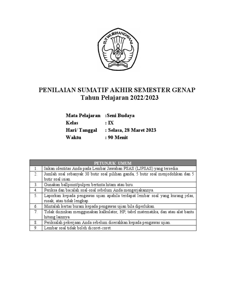 KOP SBK PENILAIAN SUMATIF AKHIR SEMESTER | PDF
