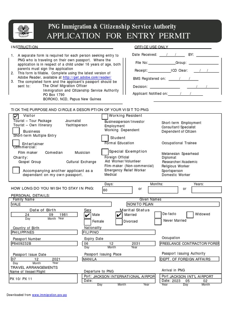 Application For Entry Permit Form New Savable PDF | PDF | Papua New ...