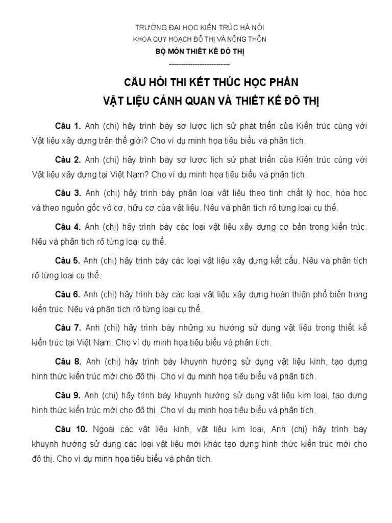 Cau Hoi Thi Vat Lieu Canh Quan Va Thiet Ke Do Thi | PDF