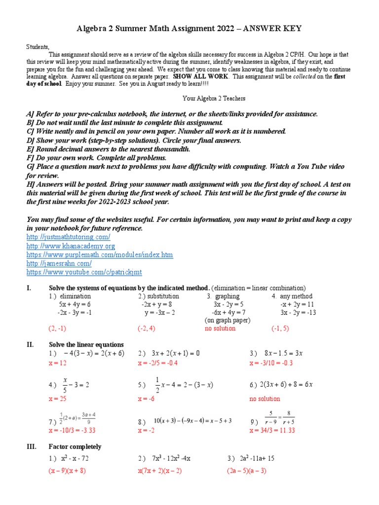 Algebra 2 Summer Math 2022 Answer Key | PDF | Mathematics | Algebra