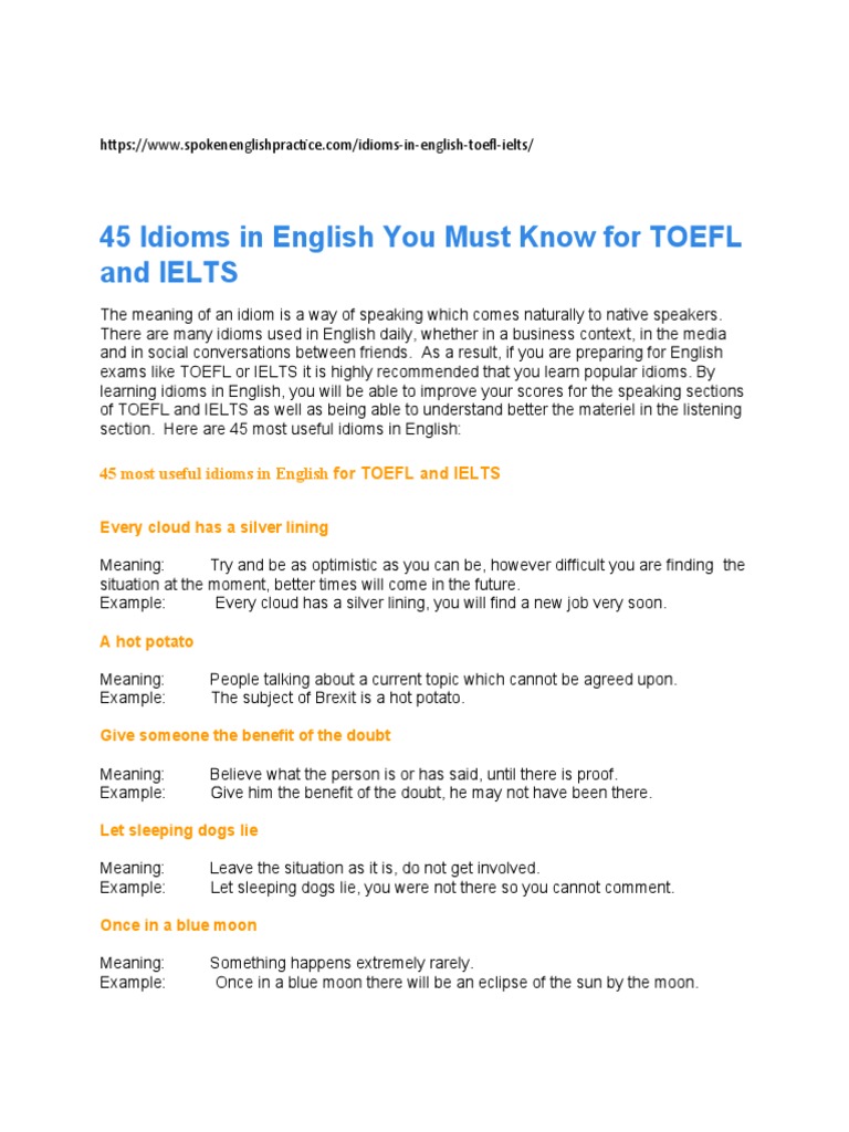 45 Essential Idioms for TOEFL/IELTS | PDF | Test Of English As A ...