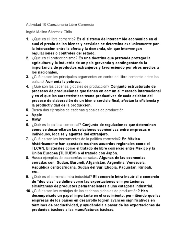 Actividad 10 Cuestionario Libre Comercio | PDF