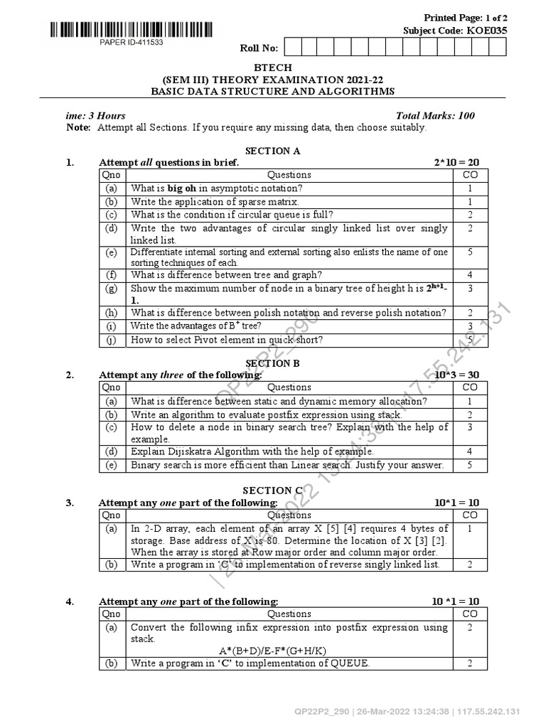 B.Tech Data Structures Exam | PDF | Computer Science | Mathematical Logic