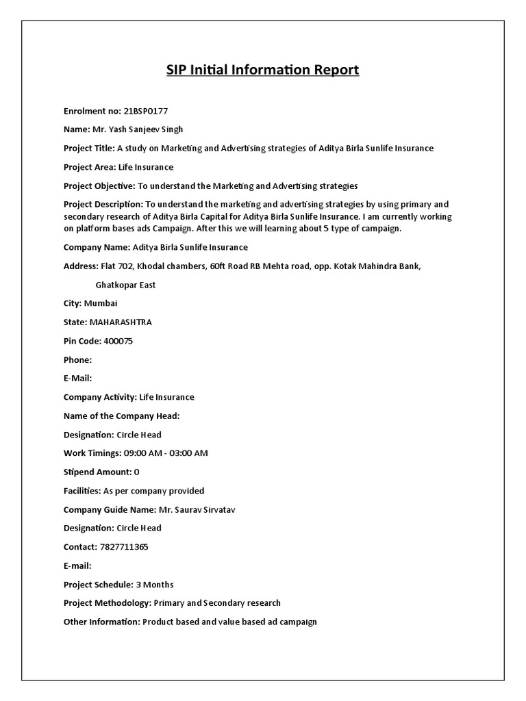 SIP Initial Information Report 21BSP0177-YASH SINGH | PDF