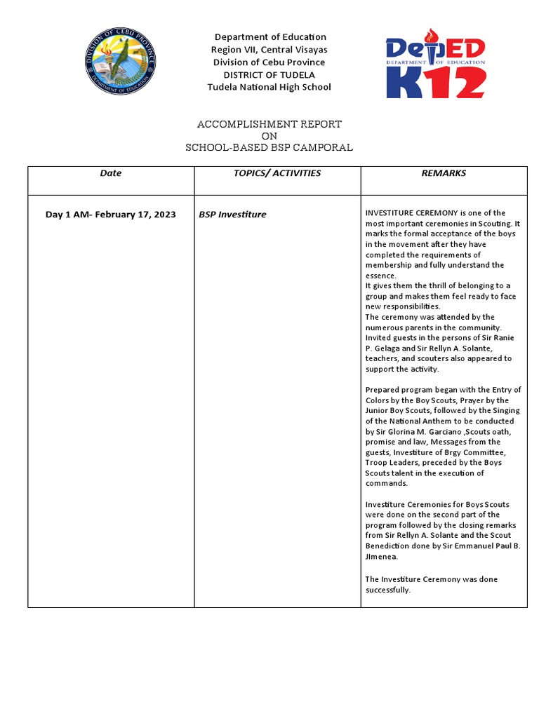 BSP Accomplishment Report | PDF | Scouting | Outdoor Recreation