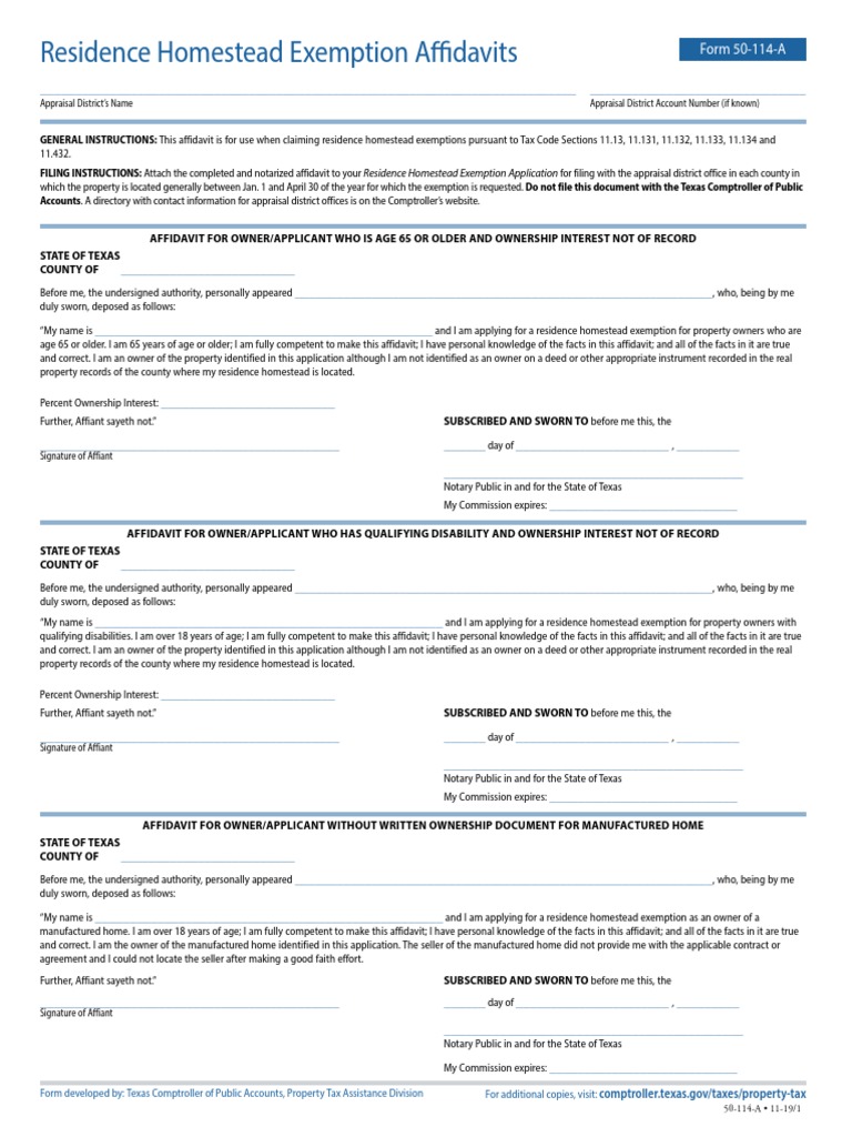 Residence Homestead Exemption Affidavits: Form 50-114-A | PDF ...