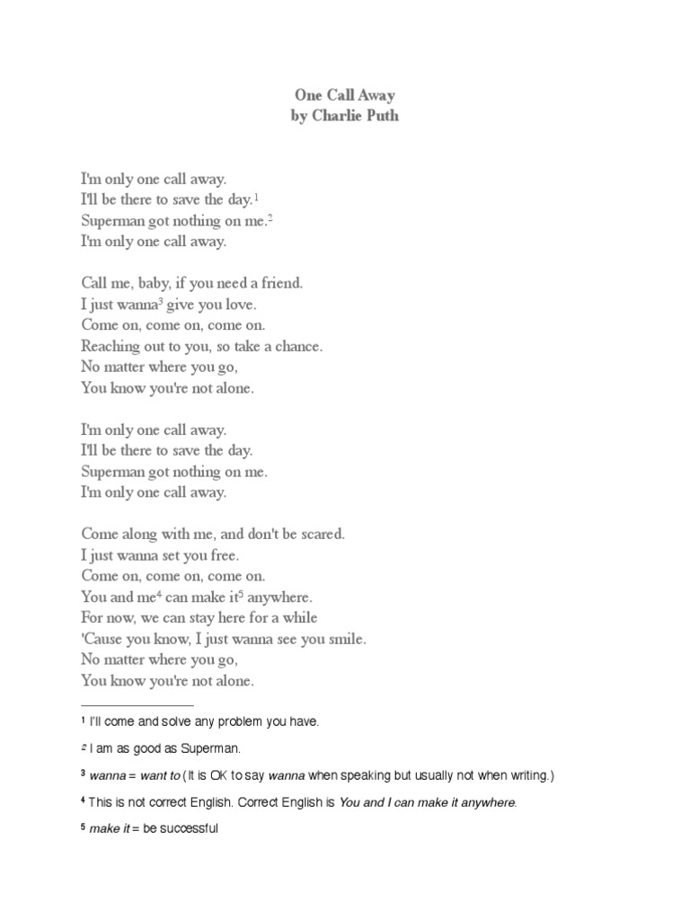 One Call Away by Charlie Puth Lyrics | PDF