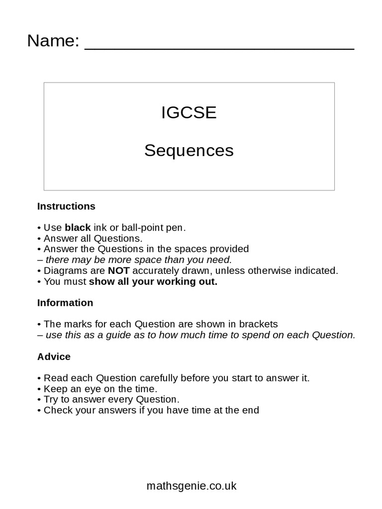 Igcse Sequences Document Provides Practice Questions On Sequence