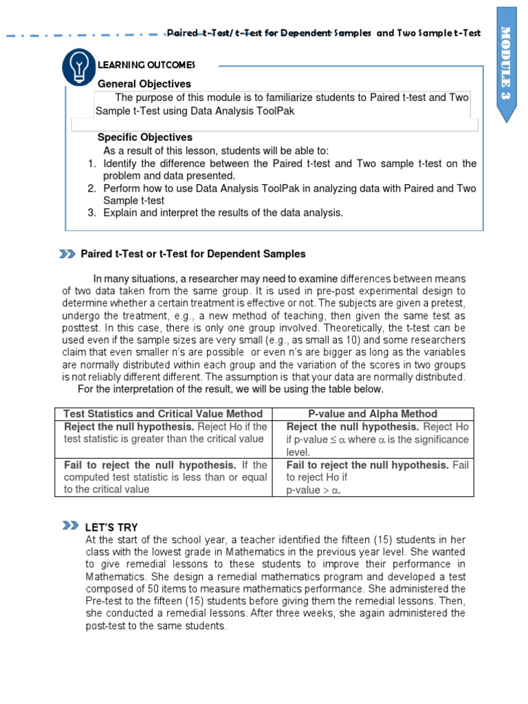Module 3 Paired and Two Sample T Test | PDF | Student's T Test | P Value