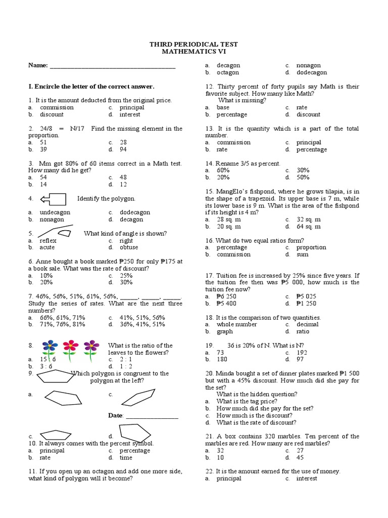 PT - Mathematics 6 - Q3 | PDF | Percentage | Interest
