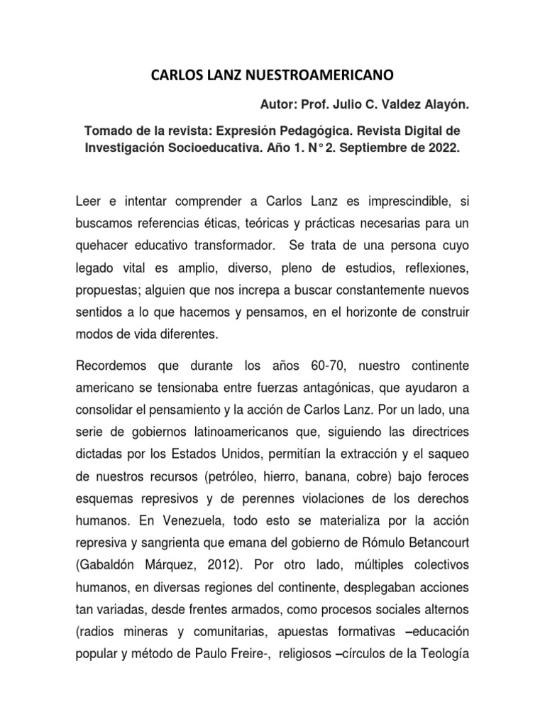 Artículo - Carlos Lanz - Nuestroamericano - Autor - Prof - Julio Valdez ...