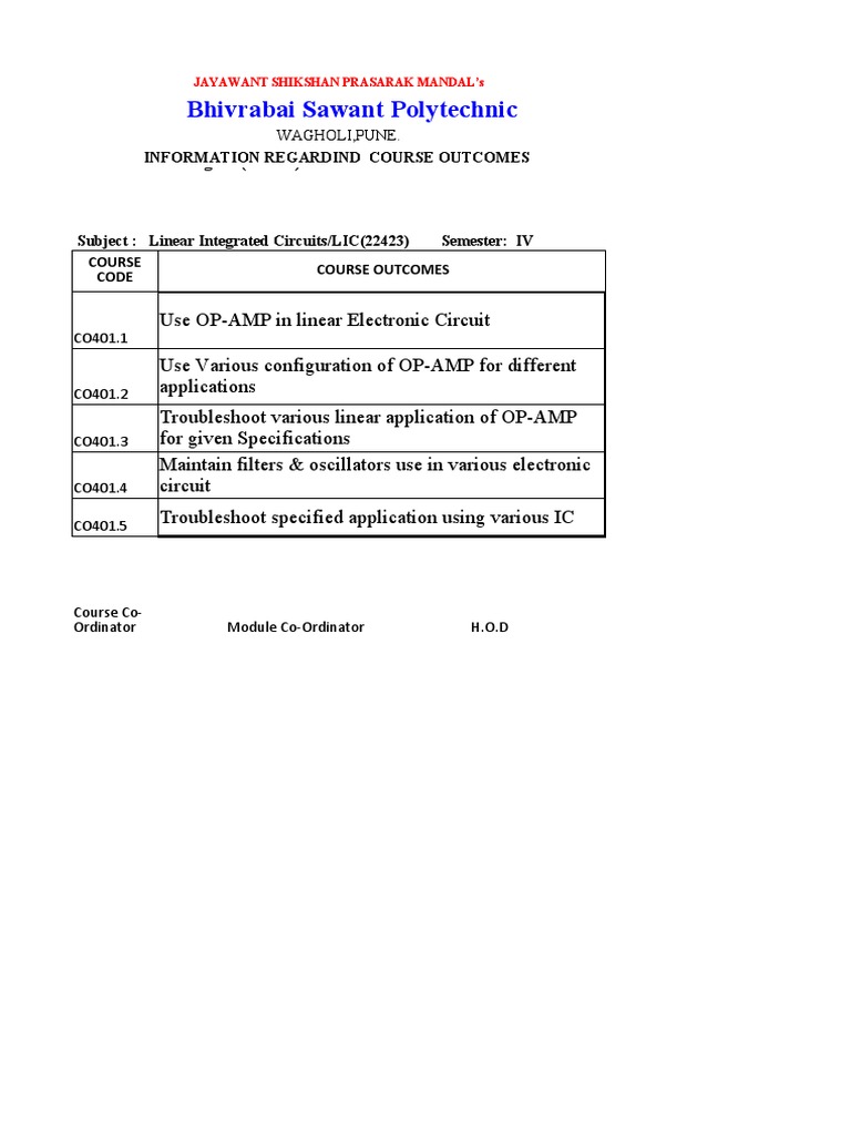 Course Detail Format - LIC | PDF | Operational Amplifier | Electronic ...