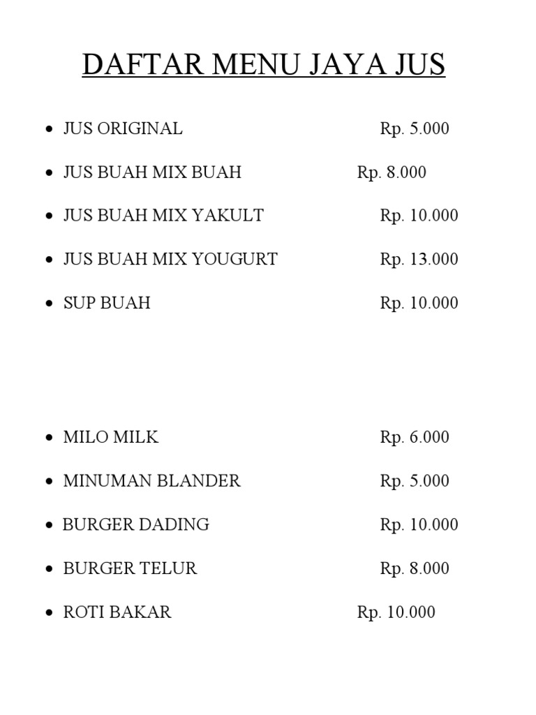 Daftar Menu Jaya Jus | PDF