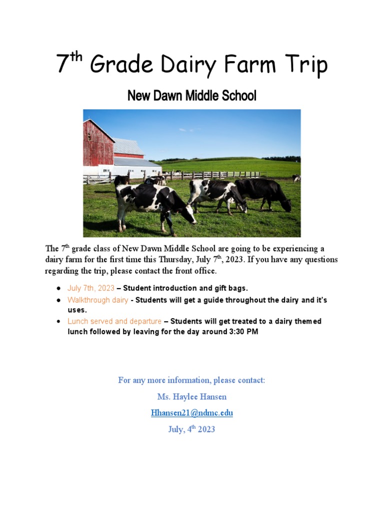 7th Grade Dairy Farm Trip | PDF | Wellness
