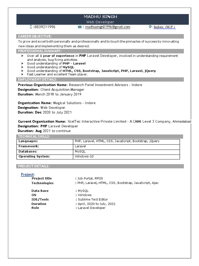 Madhu Singh PHP Laravel Resume | PDF | Php | Bootstrap (Front End Framework)